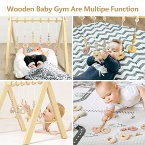 BESFAN Wooden Baby Gym with 6 Toys, Foldable Baby Play Gym Frame Activity Center Hanging Bar Newborn Gift, Wooden Baby Hanging Toys for Play & Learn