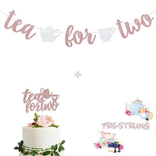 Tea for Two Rose Gold Glitter Banner Sign Garland With Teapot Teacups Pre-strung & Tea for Two Cake Topper for 2nd Second Birthday Tea Party Decorations