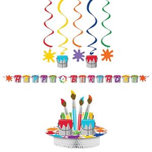 art party supplies party pack decorations bundle | centerpiece, ribbon party banner, and dizzy danglers | bold kids art supplies theme for a creative art party | fun paint splatter design