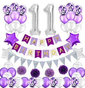 colorpartyland purple and silver birthday decorations set-purple happy birthday banner latex and confetti balloons paper garland huge number 11 balloons for girls 11st birthday