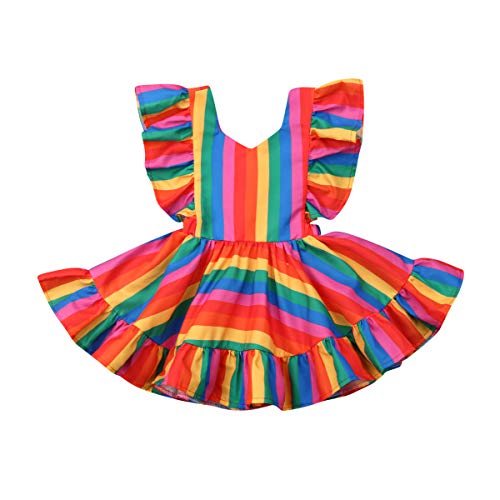 KIDSA 1-5T Baby Toddler Girl Princess Rainbow Dress Ruffles Sleeveless Backless Tutu Summer Sundress