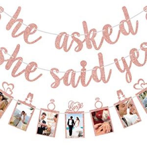 He Asked She Said Yes Banner, Engagement Banner and Photo Banner with Precious Memories, She Said Yes Decorations, Engagement Decorations, Engaged/wedding Party Decorations Rose Gold Glitter