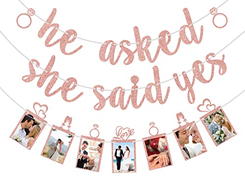 He Asked She Said Yes Banner, Engagement Banner and Photo Banner with Precious Memories, She Said Yes Decorations, Engagement Decorations, Engaged/wedding Party Decorations Rose Gold Glitter