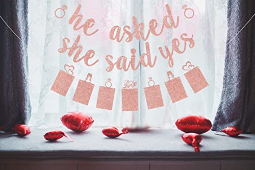 He Asked She Said Yes Banner, Engagement Banner and Photo Banner with Precious Memories, She Said Yes Decorations, Engagement Decorations, Engaged/wedding Party Decorations Rose Gold Glitter