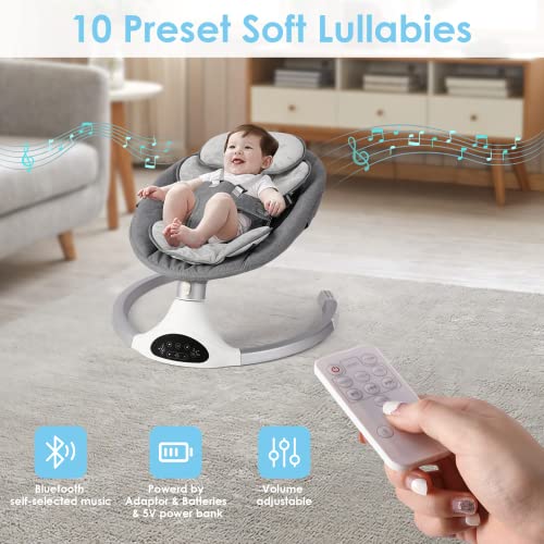 Baby Swing for Infants, Baby Rocker with 5 Point Harness, Bluetooth Support Baby Swing, 10 Preset Lullabies. 3 Speed Natural Baby Swing, Infant Swing with Remote Control and 3 Hanging Toys