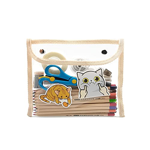 Funny live Transparent Waterproof Pencil Pen Case Clear Document Folders Cosmetic Bag with 50 Pieces Cat Stickers DIY, Clear PVC Multi Purpose Pouch Bag for Girls Boys Women Students