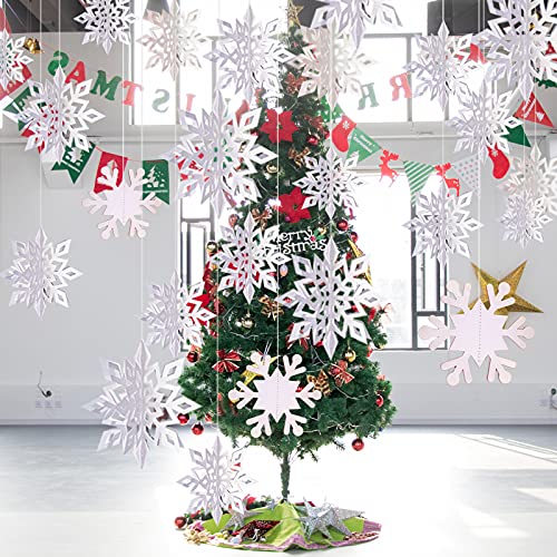 12PCS Winter Christmas Snowflakes Hanging Decorations - 3D White Paper Snowflake Garland with Snowflake Banner for Christmas Holiday Winter Wonderland Frozen Party Decorations