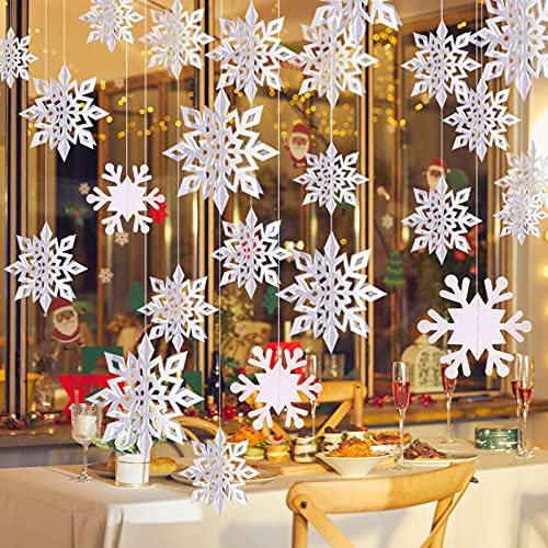 12PCS Winter Christmas Snowflakes Hanging Decorations - 3D White Paper Snowflake Garland with Snowflake Banner for Christmas Holiday Winter Wonderland Frozen Party Decorations