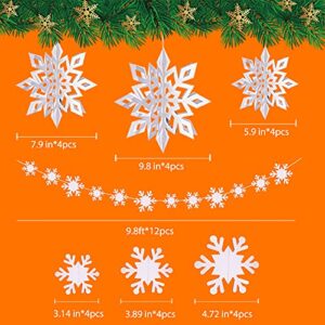 12PCS Winter Christmas Snowflakes Hanging Decorations - 3D White Paper Snowflake Garland with Snowflake Banner for Christmas Holiday Winter Wonderland Frozen Party Decorations