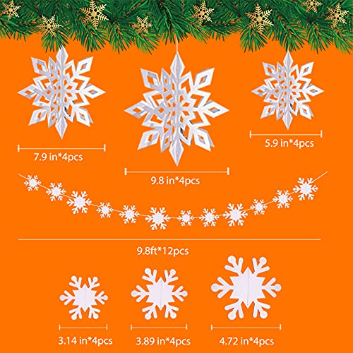 12PCS Winter Christmas Snowflakes Hanging Decorations - 3D White Paper Snowflake Garland with Snowflake Banner for Christmas Holiday Winter Wonderland Frozen Party Decorations