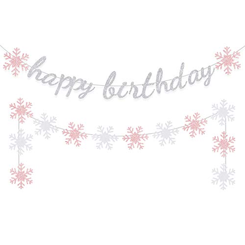 Winter Happy Birthday Banner Decoration Girl Party Decoration Glitter Snowflake Garland Pink Silver Wall Hanging Christmas Holiday Supplies