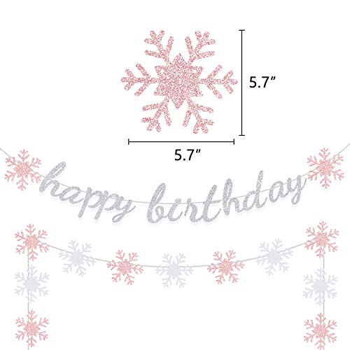 Winter Happy Birthday Banner Decoration Girl Party Decoration Glitter Snowflake Garland Pink Silver Wall Hanging Christmas Holiday Supplies