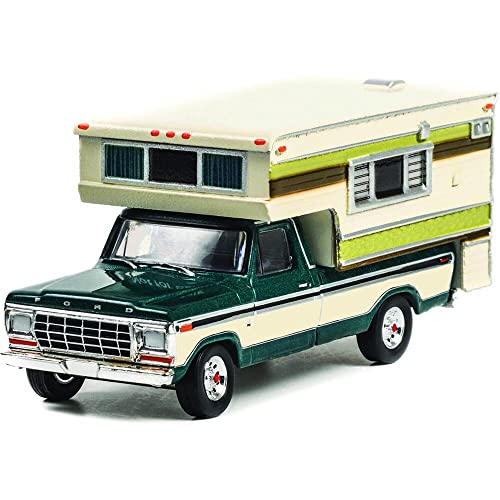 Greenlight 30337 1978 F 250 with Large Camper - Dark Jade Metallic & Wimbledon White (Hobby Exclusive) 1:64 Scale Diecast