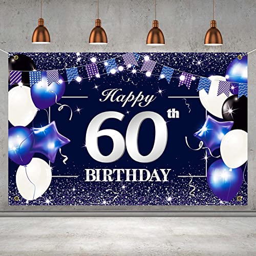 P.G Collin Happy 60th Birthday Banner Backdrop Sign Background 60 Birthday Party Decorations Supplies for Him Men 6 x 4ft Blue Purple, Blue White