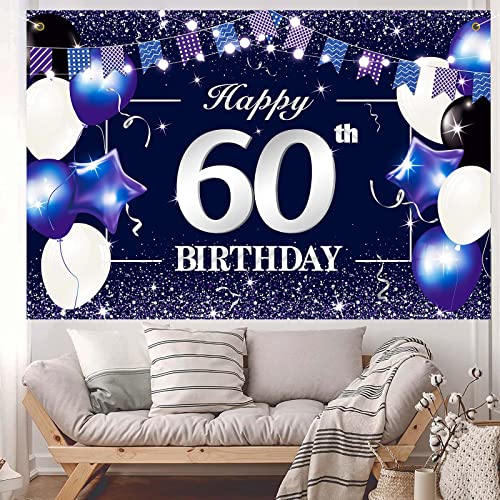 P.G Collin Happy 60th Birthday Banner Backdrop Sign Background 60 Birthday Party Decorations Supplies for Him Men 6 x 4ft Blue Purple, Blue White