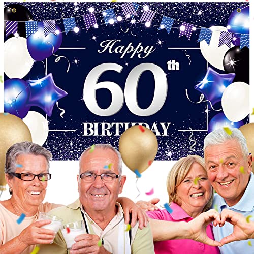 P.G Collin Happy 60th Birthday Banner Backdrop Sign Background 60 Birthday Party Decorations Supplies for Him Men 6 x 4ft Blue Purple, Blue White