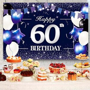 P.G Collin Happy 60th Birthday Banner Backdrop Sign Background 60 Birthday Party Decorations Supplies for Him Men 6 x 4ft Blue Purple, Blue White