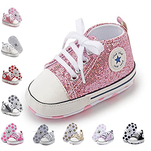 Newborn Baby Girls Boys Canvas Shoes Infant Soft Sole Slip On First Walkers Sneaker Toddler Flat Lazy Loafers High Top Crib Denim Unisex Moccasins Shoe (B/Lightpurple, 0-6 Months)