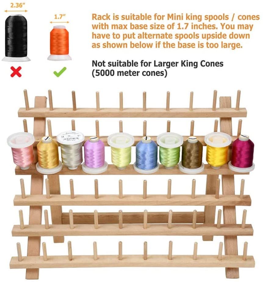 ThreadNanny 60 Spools Thread Rack - Premium Birchwood Thread Storage Organizer Stand for Sewing Embroidery Spools and Mini Cones - Thread Holders for Spools of Thread with Wall Mount Hanging Hooks