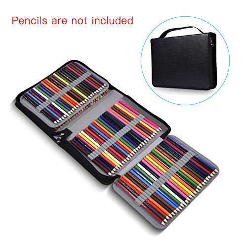 150 Slots Colored Pencil Case,Deluxe PU Leather Fabric Large Capacity Gel Pens Watercolor Pencils Holder Organizers Bag with Zipper,Handle (black)