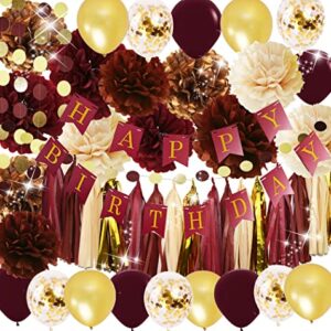 Burgundy Gold Birthday Party Decorations for Women/Fall Birthday Decor Happy Birthday Banner Maroon Gold Balloons Women Burgundy 30th/40th/50th Birthday Party Decorations