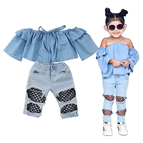 LXXIASHI 2Pcs Infant Baby Girl Denim Pants Outfits Set Ruffle Sleeves Off Shoulder Crop Tops + Fishnet Patchwork Ripped Jeans (Blue, 3-4 Years)