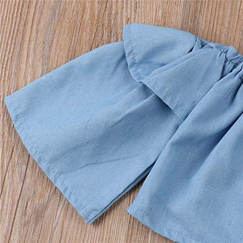 LXXIASHI 2Pcs Infant Baby Girl Denim Pants Outfits Set Ruffle Sleeves Off Shoulder Crop Tops + Fishnet Patchwork Ripped Jeans (Blue, 3-4 Years)