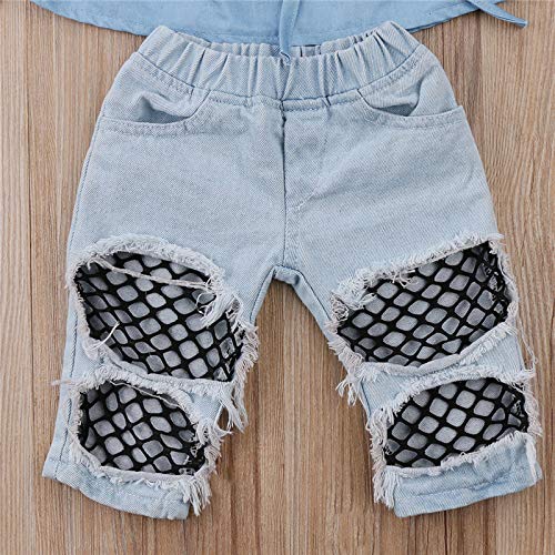 LXXIASHI 2Pcs Infant Baby Girl Denim Pants Outfits Set Ruffle Sleeves Off Shoulder Crop Tops + Fishnet Patchwork Ripped Jeans (Blue, 3-4 Years)