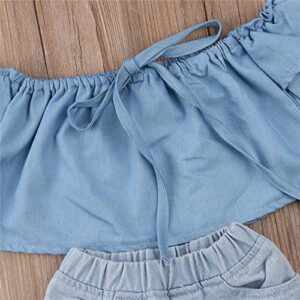 LXXIASHI 2Pcs Infant Baby Girl Denim Pants Outfits Set Ruffle Sleeves Off Shoulder Crop Tops + Fishnet Patchwork Ripped Jeans (Blue, 3-4 Years)