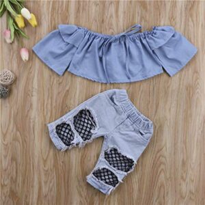 LXXIASHI 2Pcs Infant Baby Girl Denim Pants Outfits Set Ruffle Sleeves Off Shoulder Crop Tops + Fishnet Patchwork Ripped Jeans (Blue, 3-4 Years)