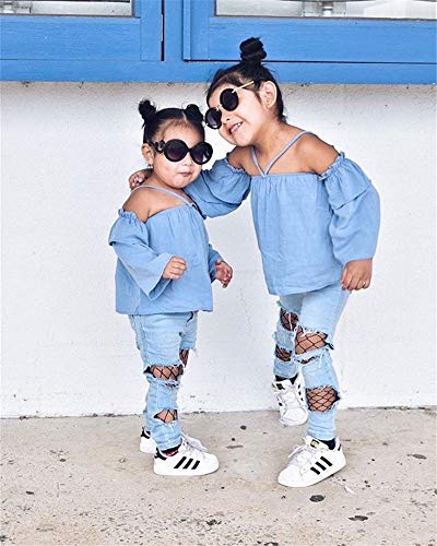 LXXIASHI 2Pcs Infant Baby Girl Denim Pants Outfits Set Ruffle Sleeves Off Shoulder Crop Tops + Fishnet Patchwork Ripped Jeans (Blue, 3-4 Years)