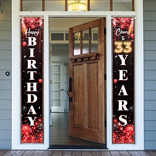 Happy 33rd Birthday Porch Sign Door Banner Decor Red and Black - Glitter Cheers to 33 Years Old Birthday Party Theme Decorations for Men Women Supplies,01