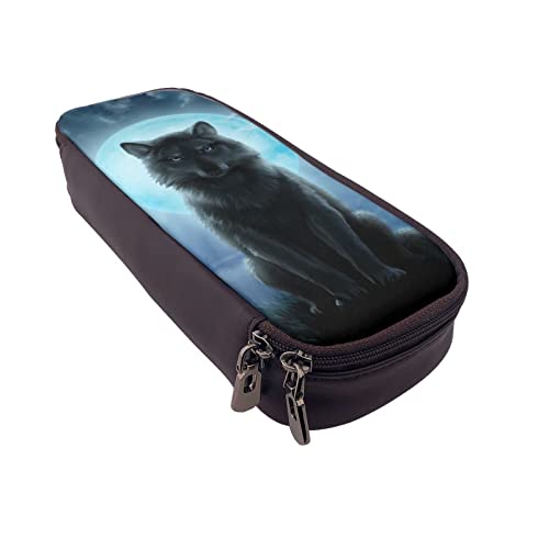 Funny Faux Leather Pencil Pouch Pen Case,Cool Wolf Moon Waterproof Pencil Box Bag Large Capacity Pencil Organizer Marker Pen Case with Zipper for Teen Boys Girls