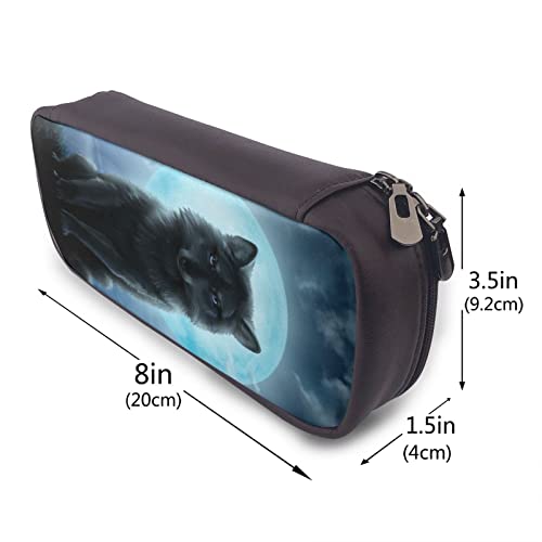 Funny Faux Leather Pencil Pouch Pen Case,Cool Wolf Moon Waterproof Pencil Box Bag Large Capacity Pencil Organizer Marker Pen Case with Zipper for Teen Boys Girls