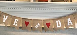 Save The Date Burlap Banner - Engagement Picture Prop Wedding Announcement - Ready to Hang Bridal Shower Decoration – White Letters & Red Hearts Garland by Jolly Jon