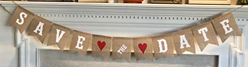 Save The Date Burlap Banner - Engagement Picture Prop Wedding Announcement - Ready to Hang Bridal Shower Decoration – White Letters & Red Hearts Garland by Jolly Jon