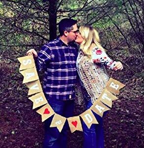 Save The Date Burlap Banner - Engagement Picture Prop Wedding Announcement - Ready to Hang Bridal Shower Decoration – White Letters & Red Hearts Garland by Jolly Jon