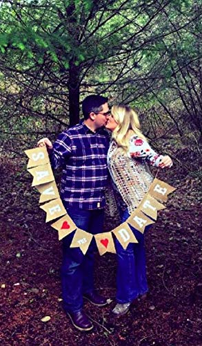 Save The Date Burlap Banner - Engagement Picture Prop Wedding Announcement - Ready to Hang Bridal Shower Decoration – White Letters & Red Hearts Garland by Jolly Jon