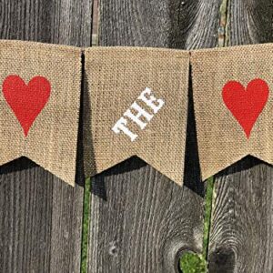 Save The Date Burlap Banner - Engagement Picture Prop Wedding Announcement - Ready to Hang Bridal Shower Decoration – White Letters & Red Hearts Garland by Jolly Jon