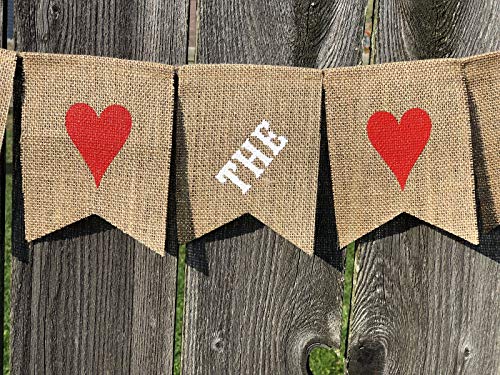 Save The Date Burlap Banner - Engagement Picture Prop Wedding Announcement - Ready to Hang Bridal Shower Decoration – White Letters & Red Hearts Garland by Jolly Jon