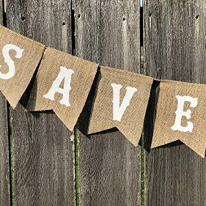 Save The Date Burlap Banner - Engagement Picture Prop Wedding Announcement - Ready to Hang Bridal Shower Decoration – White Letters & Red Hearts Garland by Jolly Jon