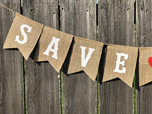 Save The Date Burlap Banner - Engagement Picture Prop Wedding Announcement - Ready to Hang Bridal Shower Decoration – White Letters & Red Hearts Garland by Jolly Jon