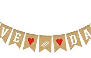 Save The Date Burlap Banner - Engagement Picture Prop Wedding Announcement - Ready to Hang Bridal Shower Decoration – White Letters & Red Hearts Garland by Jolly Jon