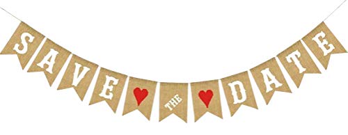 Save The Date Burlap Banner - Engagement Picture Prop Wedding Announcement - Ready to Hang Bridal Shower Decoration – White Letters & Red Hearts Garland by Jolly Jon