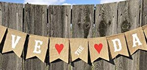 Save The Date Burlap Banner - Engagement Picture Prop Wedding Announcement - Ready to Hang Bridal Shower Decoration – White Letters & Red Hearts Garland by Jolly Jon