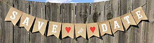 Save The Date Burlap Banner - Engagement Picture Prop Wedding Announcement - Ready to Hang Bridal Shower Decoration – White Letters & Red Hearts Garland by Jolly Jon