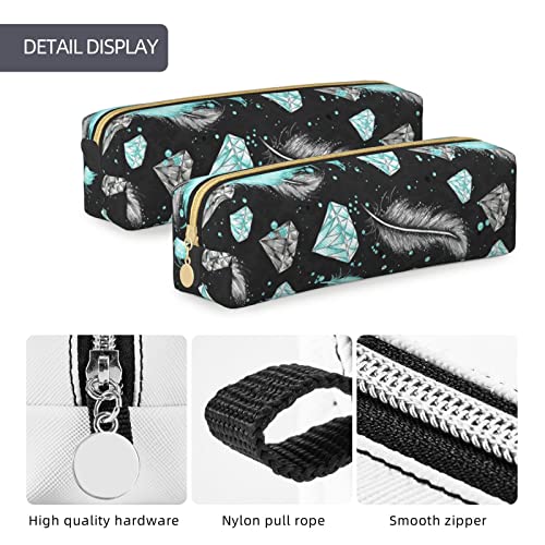 Pearls Diamonds And Feathers Pencil Case Portable Pen Pouch With Zipper Leather Pencil Bag Storage Box Stationery Organizer For Office Work