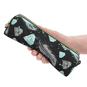 Pearls Diamonds And Feathers Pencil Case Portable Pen Pouch With Zipper Leather Pencil Bag Storage Box Stationery Organizer For Office Work