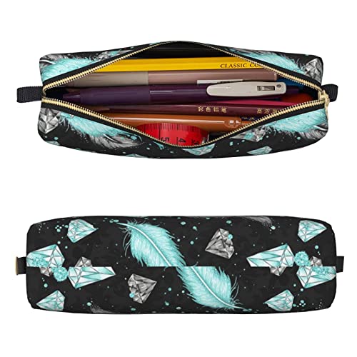 Pearls Diamonds And Feathers Pencil Case Portable Pen Pouch With Zipper Leather Pencil Bag Storage Box Stationery Organizer For Office Work