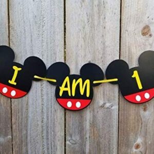 Mickey Mouse First Birthday Banners - NB to 12 Month Photo Banner with I am One High Chair Banner - First Birthday Decorations - Mickey Mouse Party Supplies - Picture Frame Banners - Clubhouse Decoration for 1st or 12th Birthday